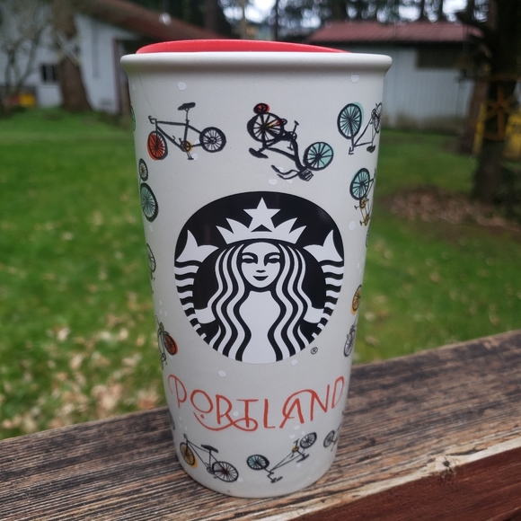 Starbucks | Kitchen | 26 Starbucks Portland And Bike Themed Ceramic Tumbler With Red Lid 12 Fl ...